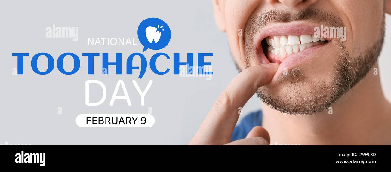 Banner for National Toothache Day with man having problems with teeth ...