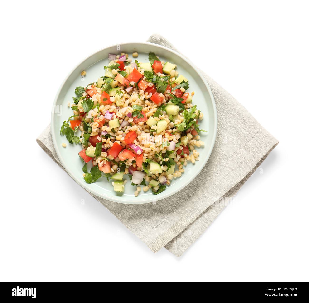 Plate with delicious tabbouleh salad on white background Stock Photo ...