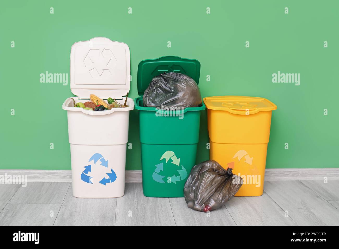 Containers for trash with food waste and full garbage bags near green ...