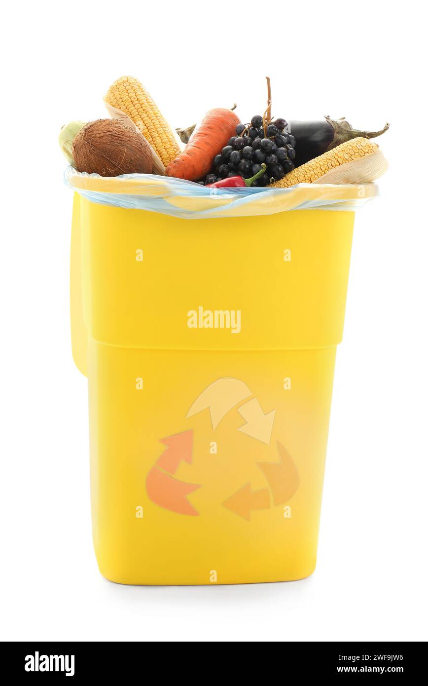 Container for garbage with waster food isolated on white background ...