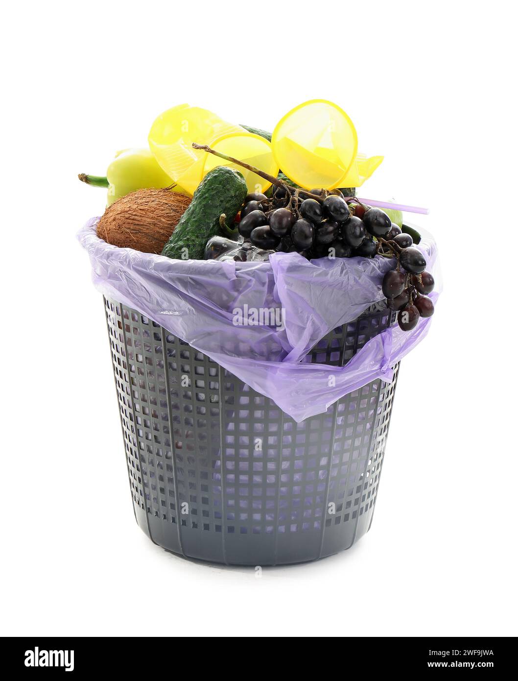 Trash bin with waste food isolated on white background. Recycling ...
