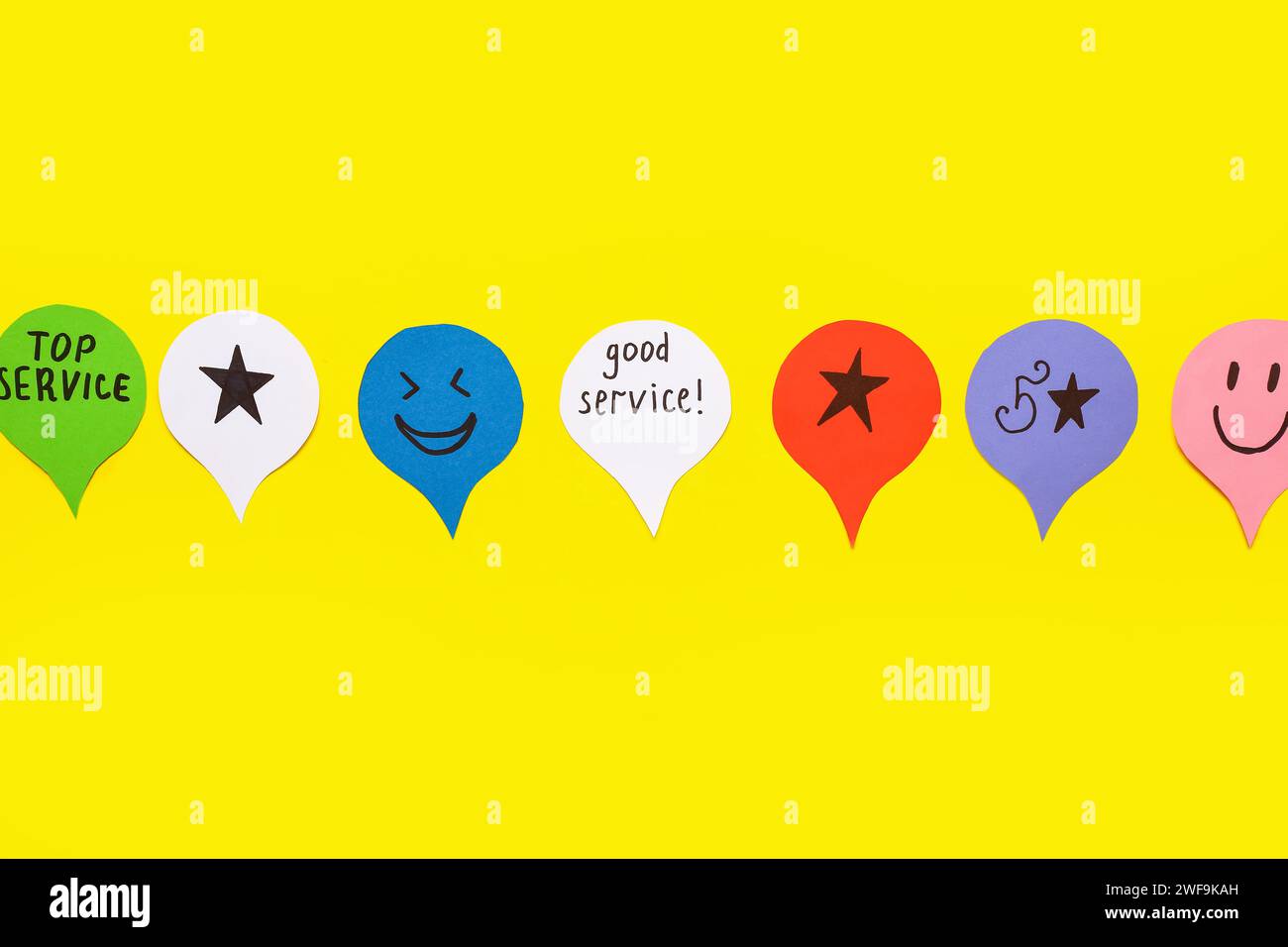 Speech bubbles with reviews on yellow background. Customer experience ...