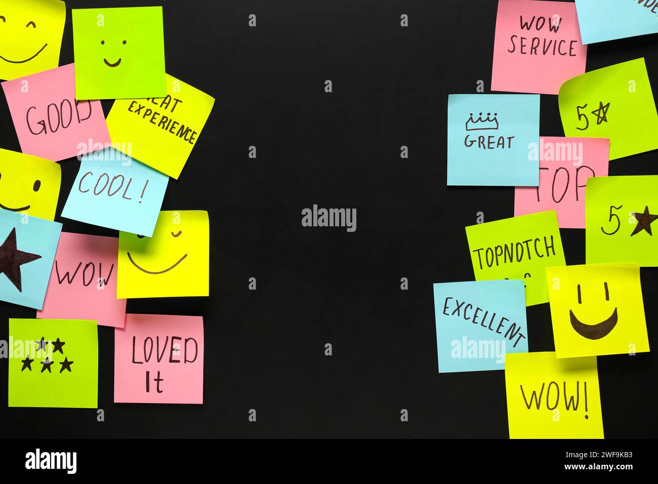 Frame made of sticky papers with reviews on dark background. Customer ...