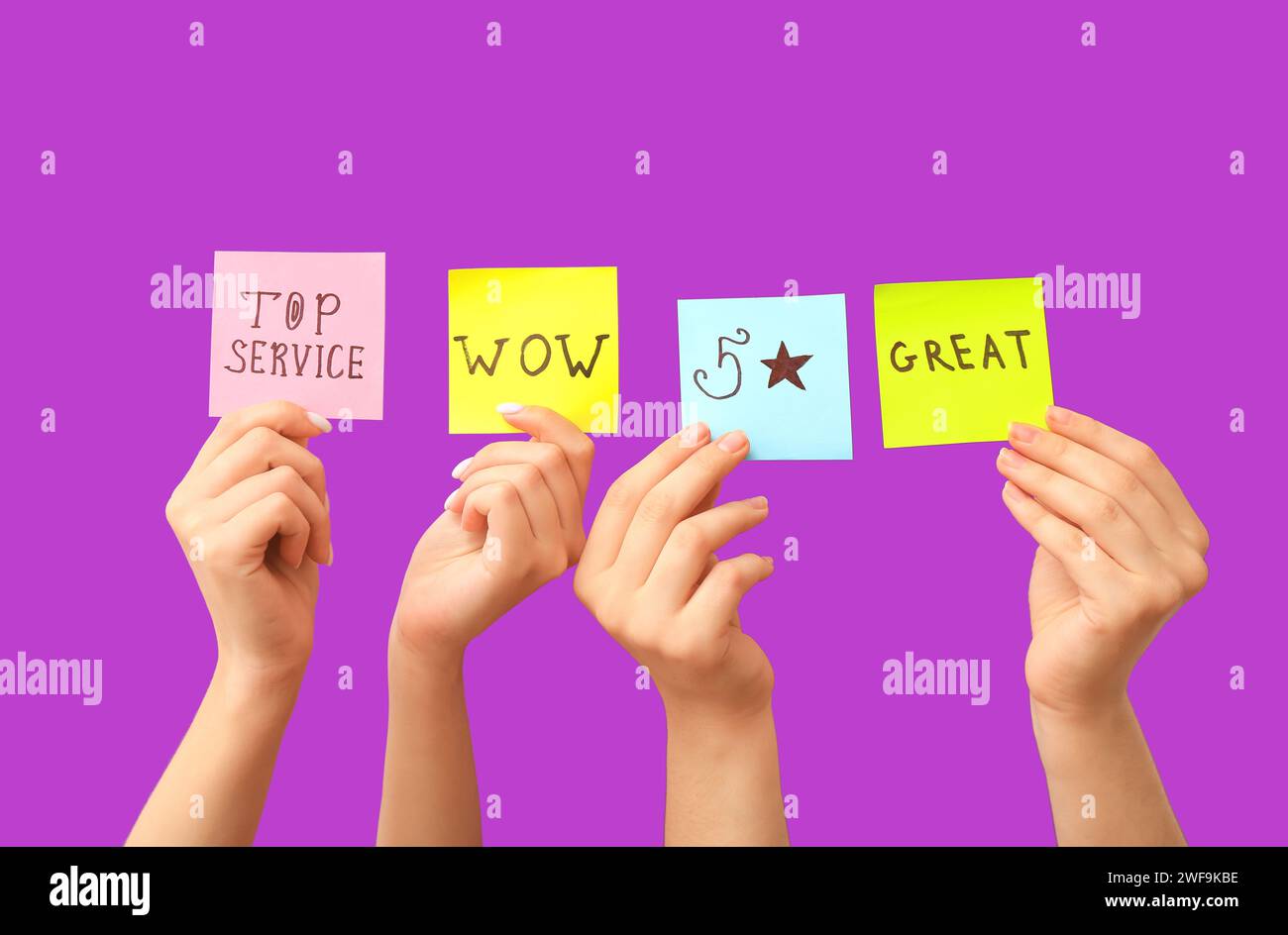 Women with reviews on purple background. Customer experience concept ...