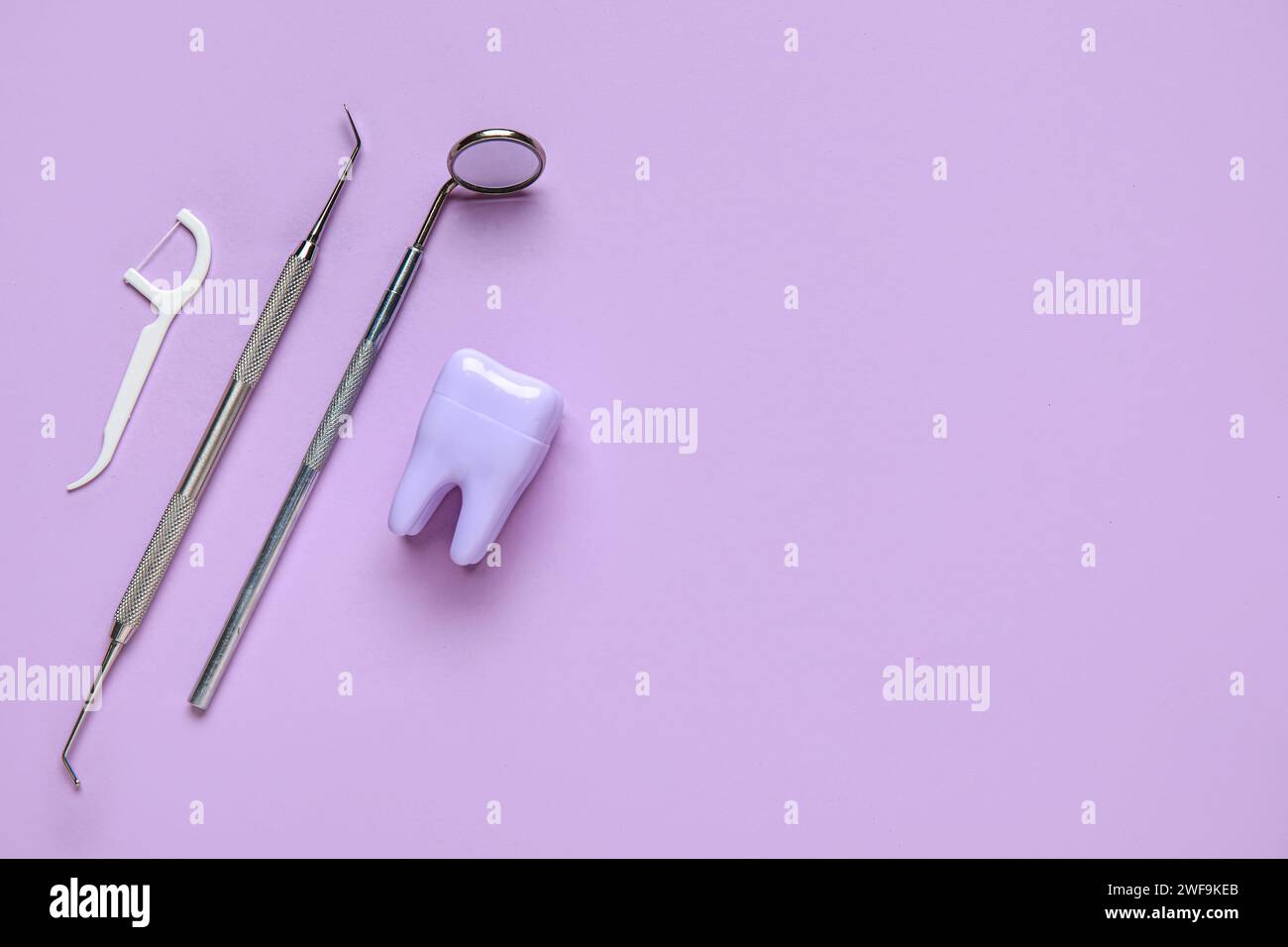 Tooth model, dental tools and floss toothpick on lilac background ...