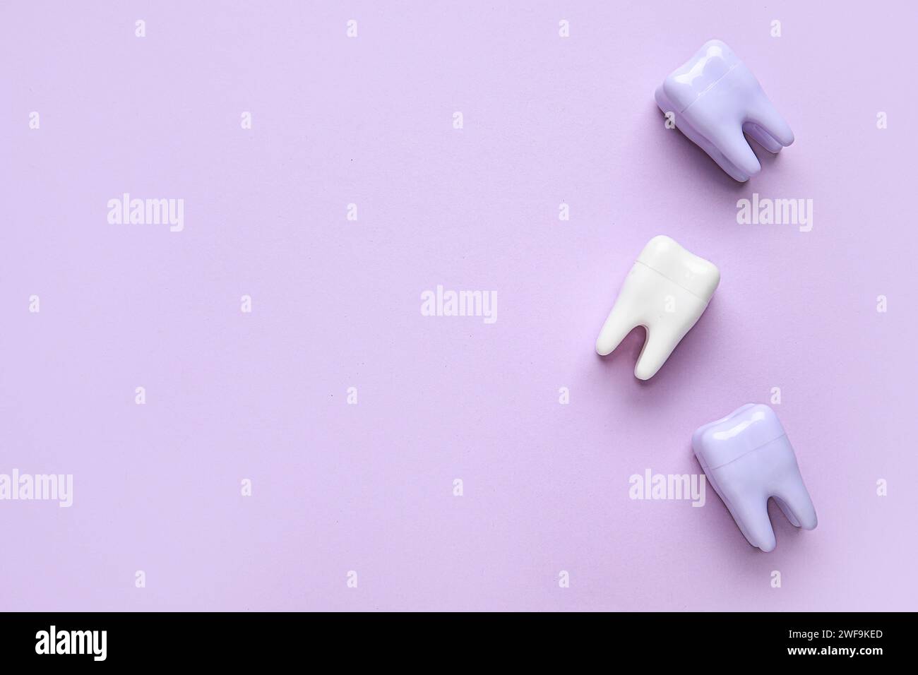 Plastic tooth models on lilac background. World Dentist Day Stock Photo ...
