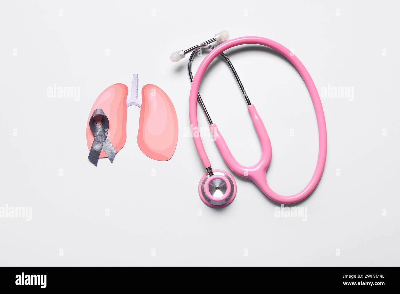 Paper lungs with ribbon and stethoscope on grey background Stock Photo ...