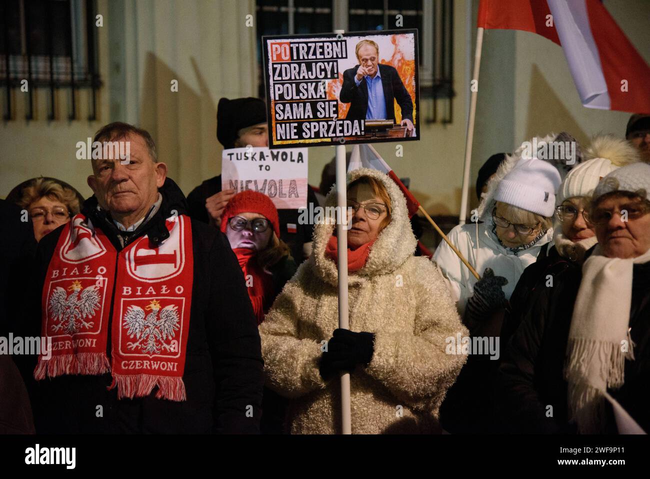 Protest In Support of TVP State-Owned Broadcaster. A woman holds a sign ...