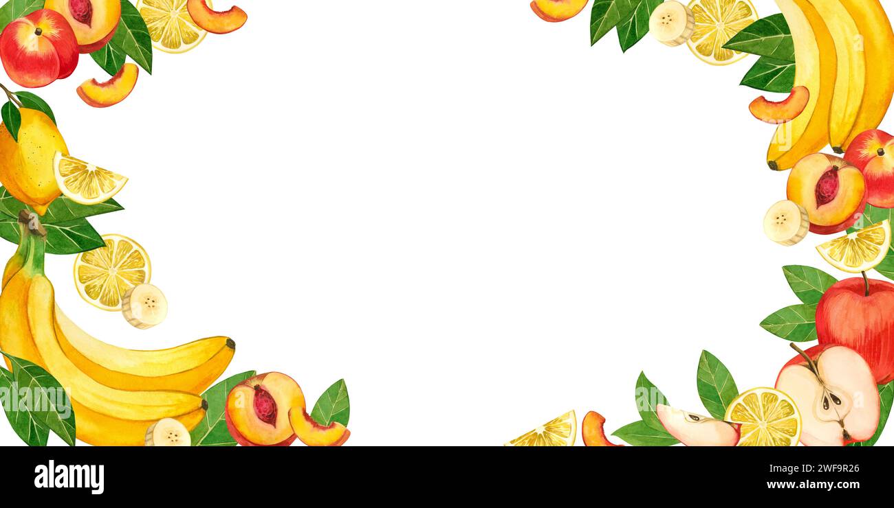 Ripe fruits. Watercolor illustration. Bright fruits apples, nectarines ...