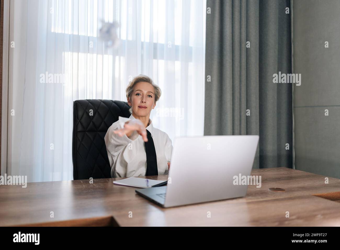 Portrait of displeased middle-aged female boss sitting in office desk ...