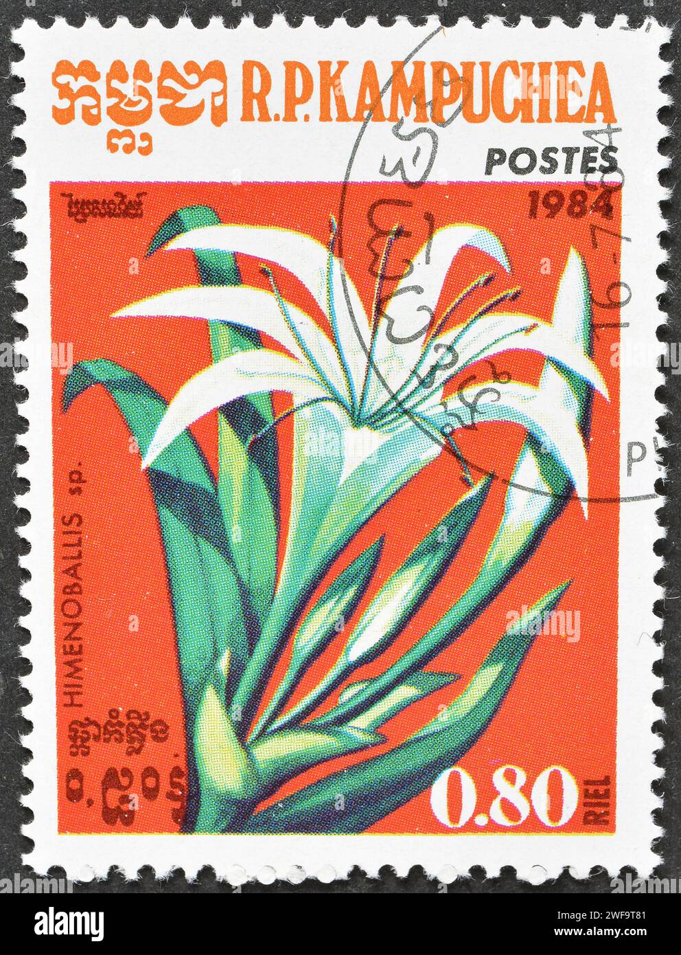 Cancelled postage stamp printed by Cambodia, that shows Daylily ...