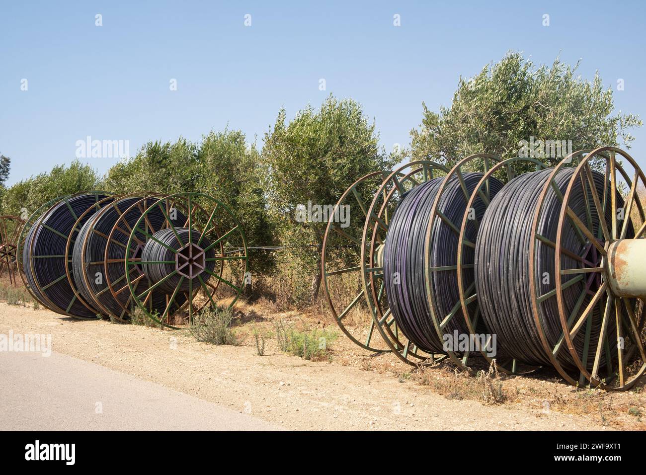 Empty Water hose bobbin serving as an irrigation delivery pipeline for ...