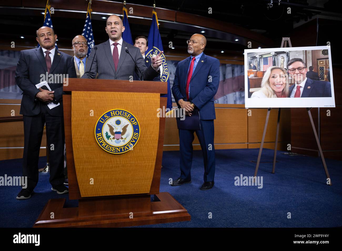 House Minority Leader Hakeem Jeffries (D-N.Y.), flanked by Reps. Lou ...
