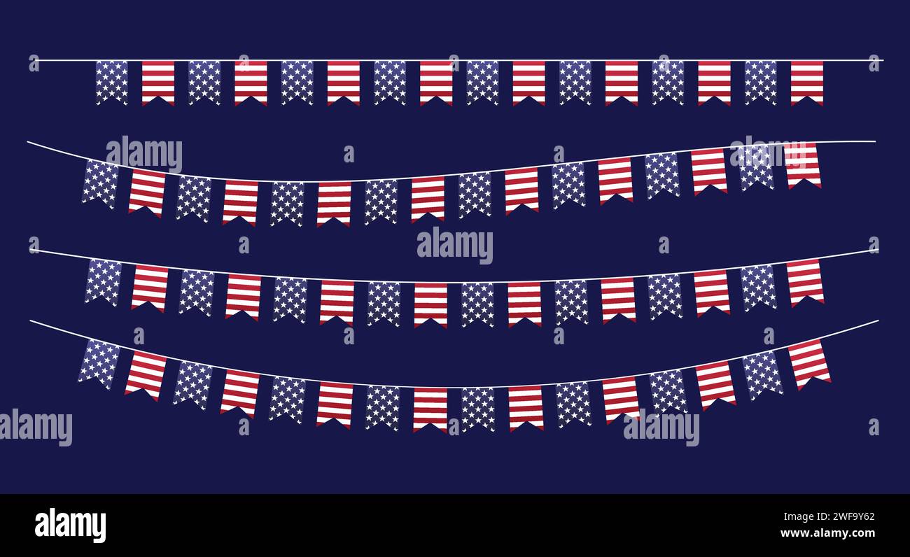 USA flags bunting, garland, streamer vector set. Flat decorative party ...
