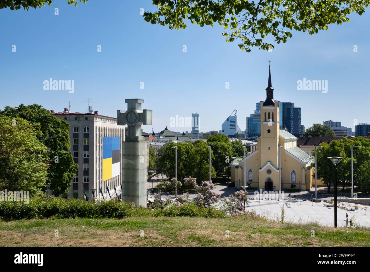 Huge yellow blue flag of Ukraine on the facade of a building on the ...