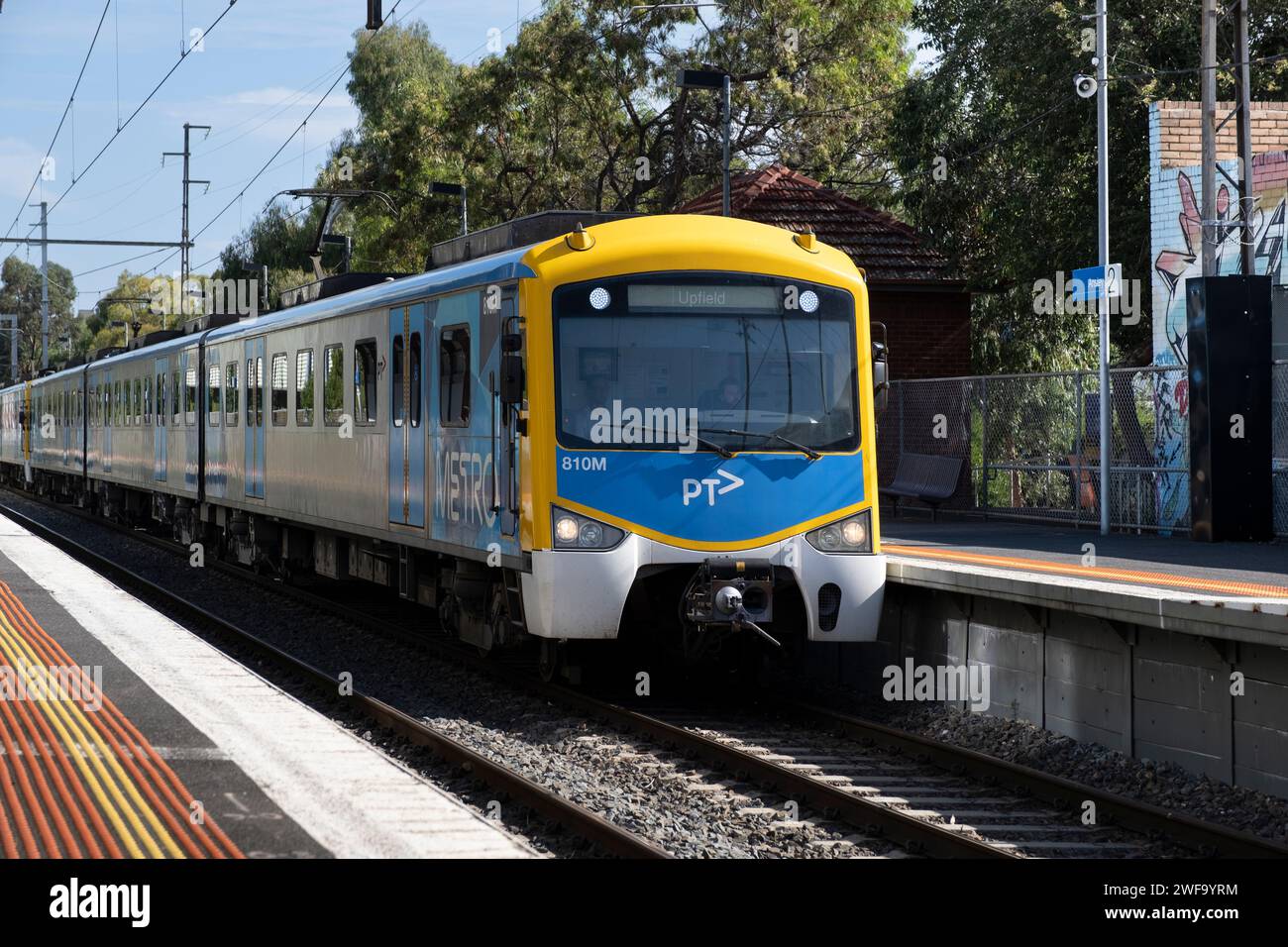 Metro Train arrives at a platform of Anstey station in Brunswick. Metro ...