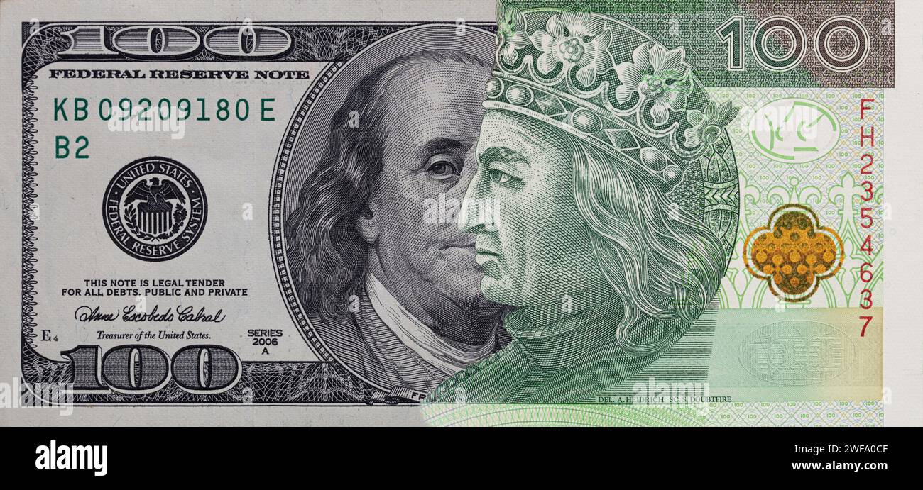 US 100 dollar banknote merged with Polish 100 zloty banknote for design ...