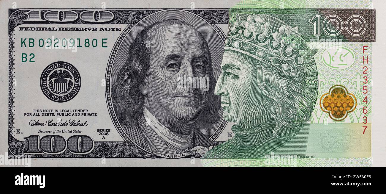 US 100 dollar banknote merged with Polish 100 zloty banknote for design ...