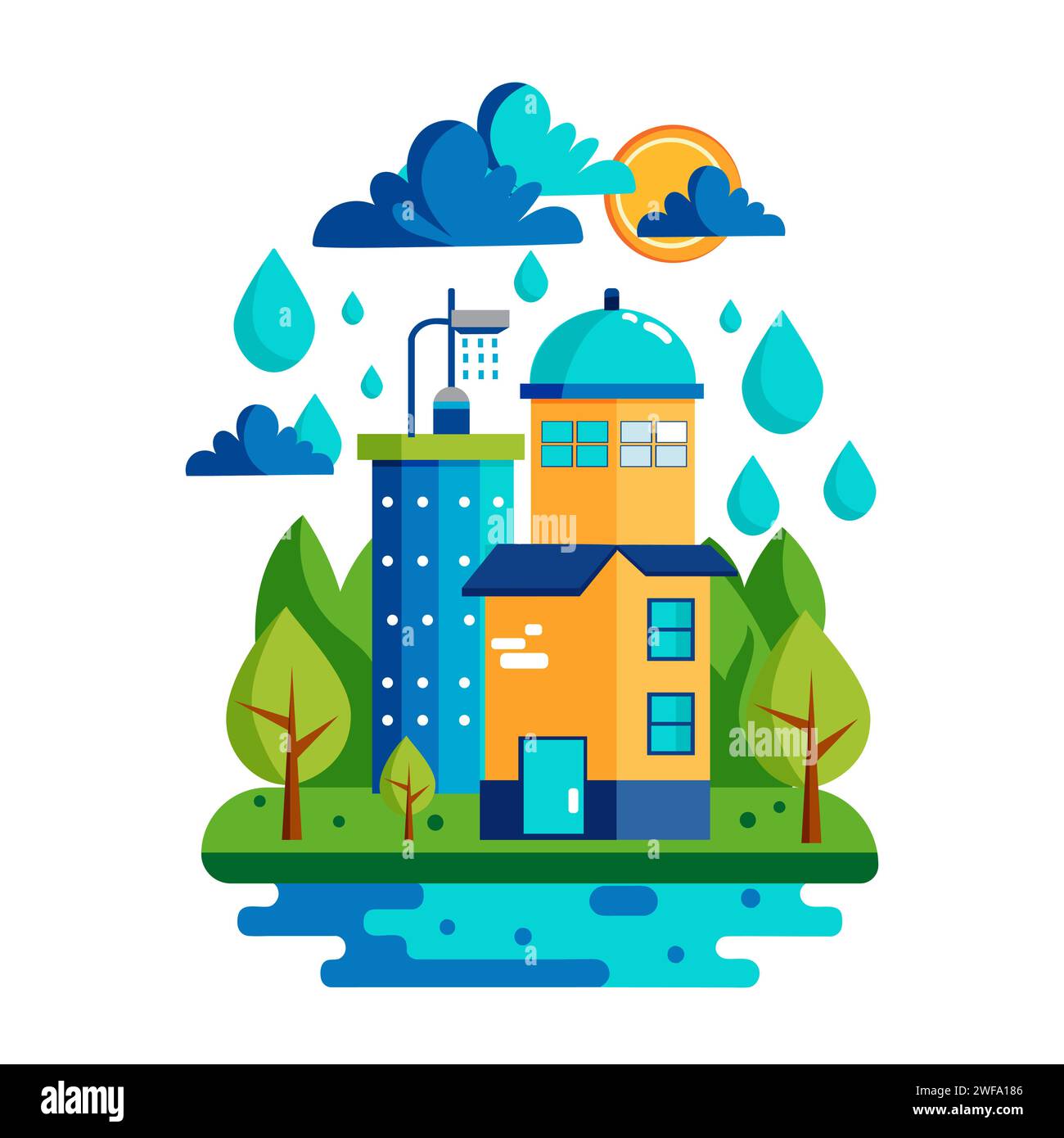 Hand drawn flat illustration of rainwater harvesting in the city ...