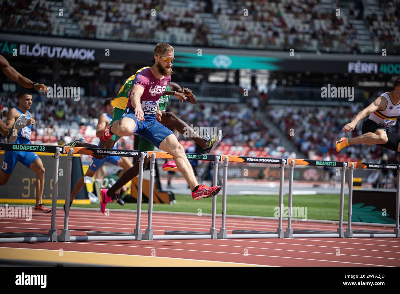 CJ ALLEN participating in the 400 meters hurdles at the World Athletics ...
