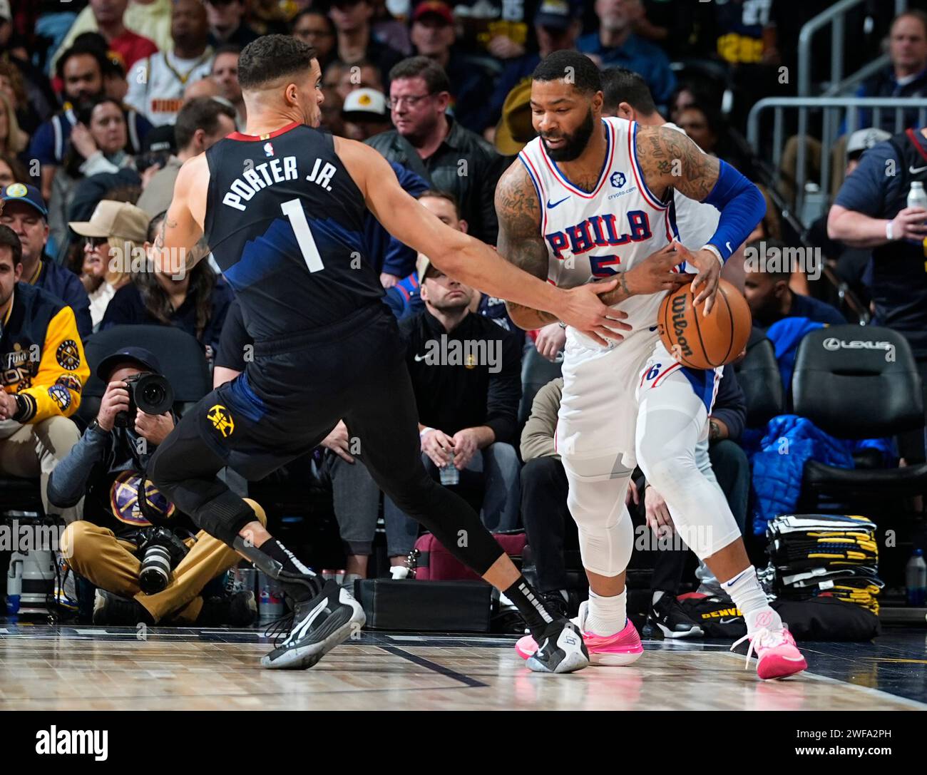 Philadelphia 76ers forward Marcus Morris Sr. (5) and Denver Nuggets ...