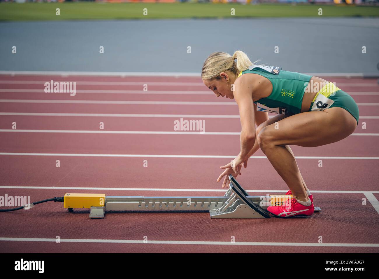 Sarah Carli participating in the 400 meters hurdles at the World ...