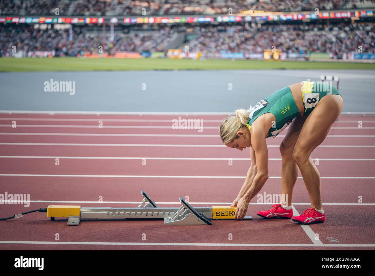 Sarah Carli participating in the 400 meters hurdles at the World ...