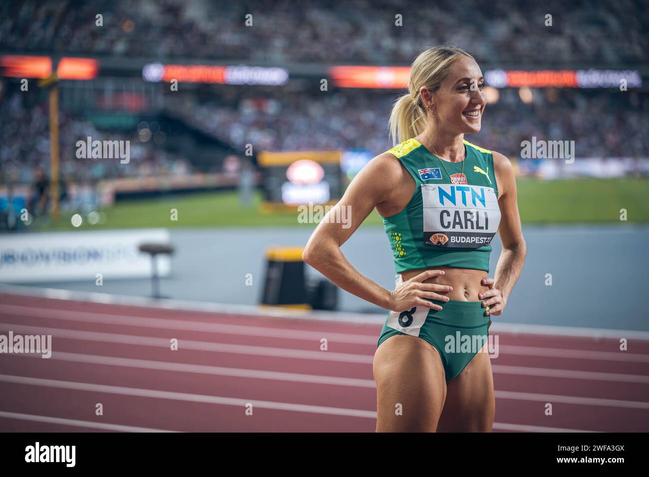 Sarah Carli participating in the 400 meters hurdles at the World ...