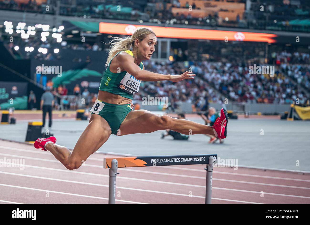 Sarah Carli participating in the 400 meters hurdles at the World ...
