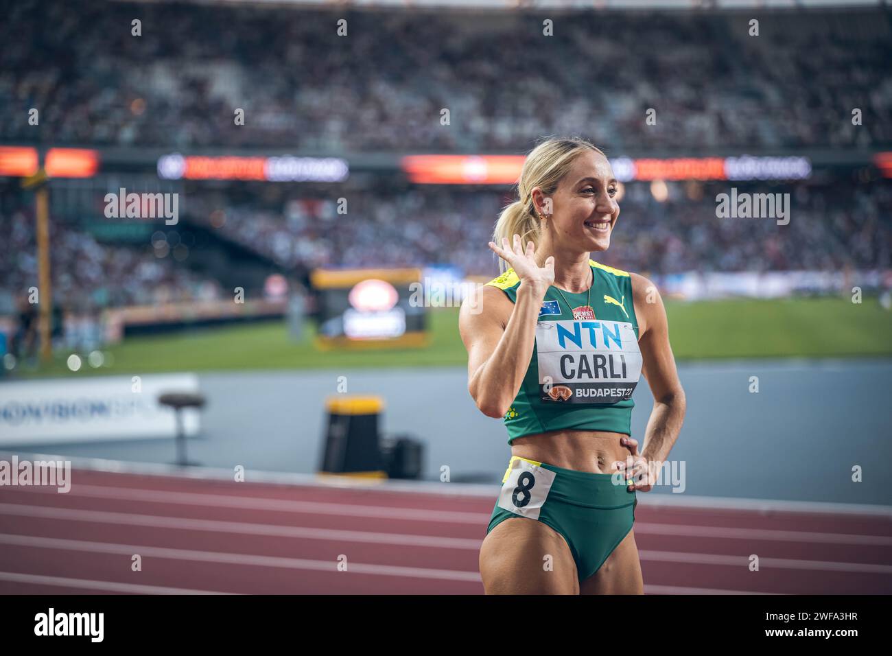 Sarah Carli participating in the 400 meters hurdles at the World ...