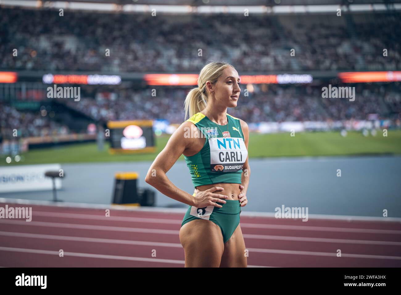 Sarah Carli participating in the 400 meters hurdles at the World ...
