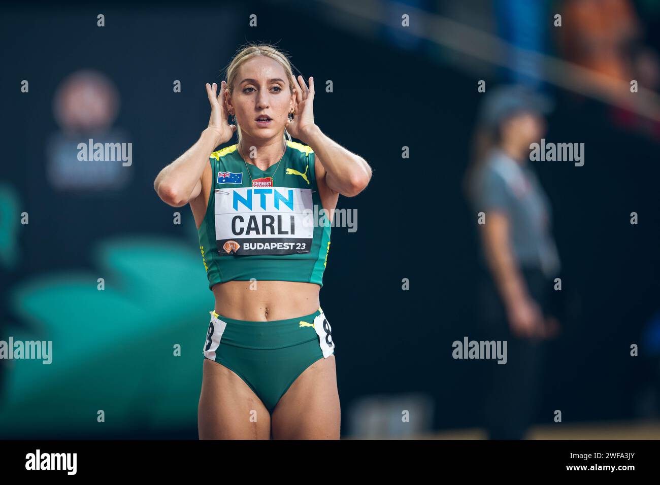 Sarah Carli participating in the 400 meters hurdles at the World ...
