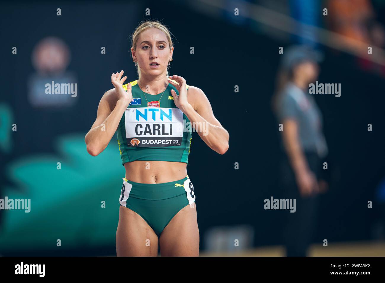 Sarah Carli participating in the 400 meters hurdles at the World ...
