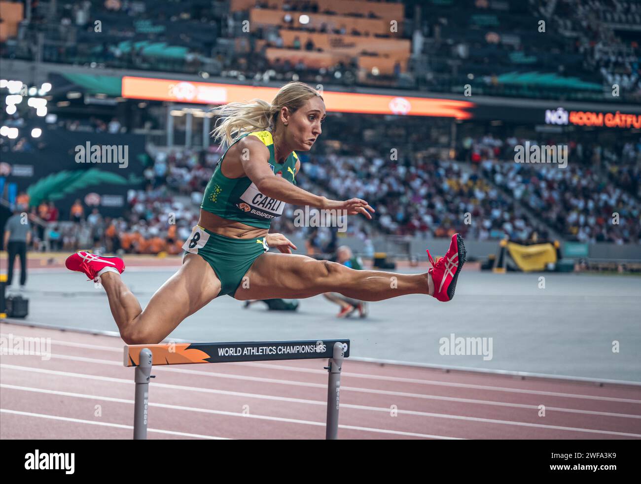 Sarah Carli participating in the 400 meters hurdles at the World ...