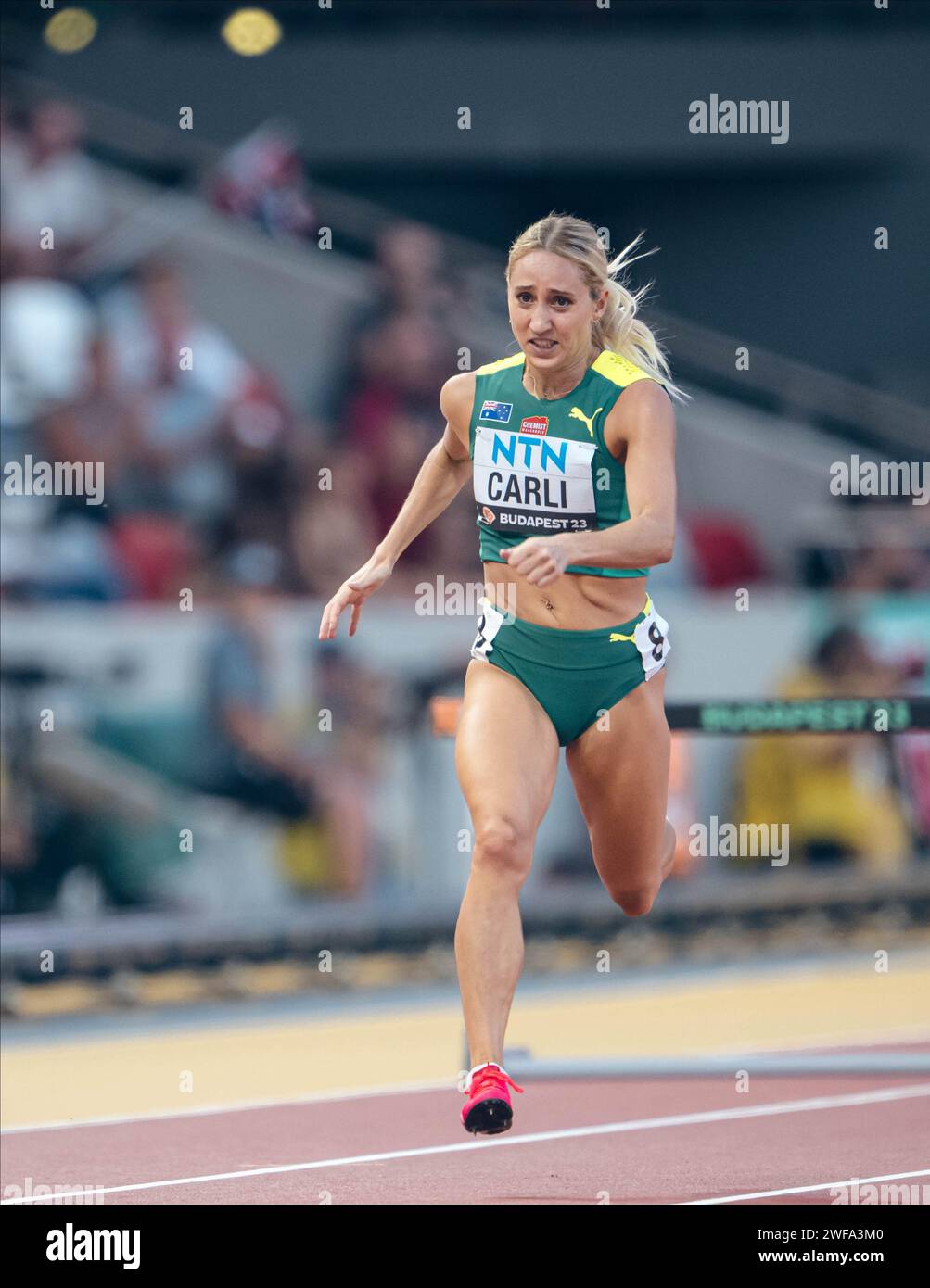 Sarah Carli participating in the 400 meters hurdles at the World ...