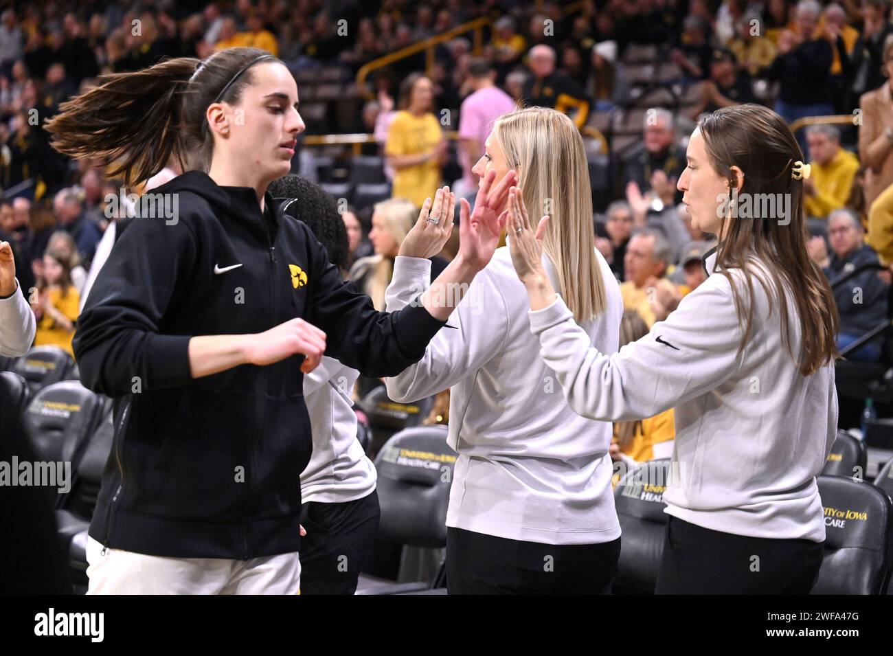 IOWA CITY, IA - JANUARY 27: Iowa guard Caitlin Clark (22) comes off of ...