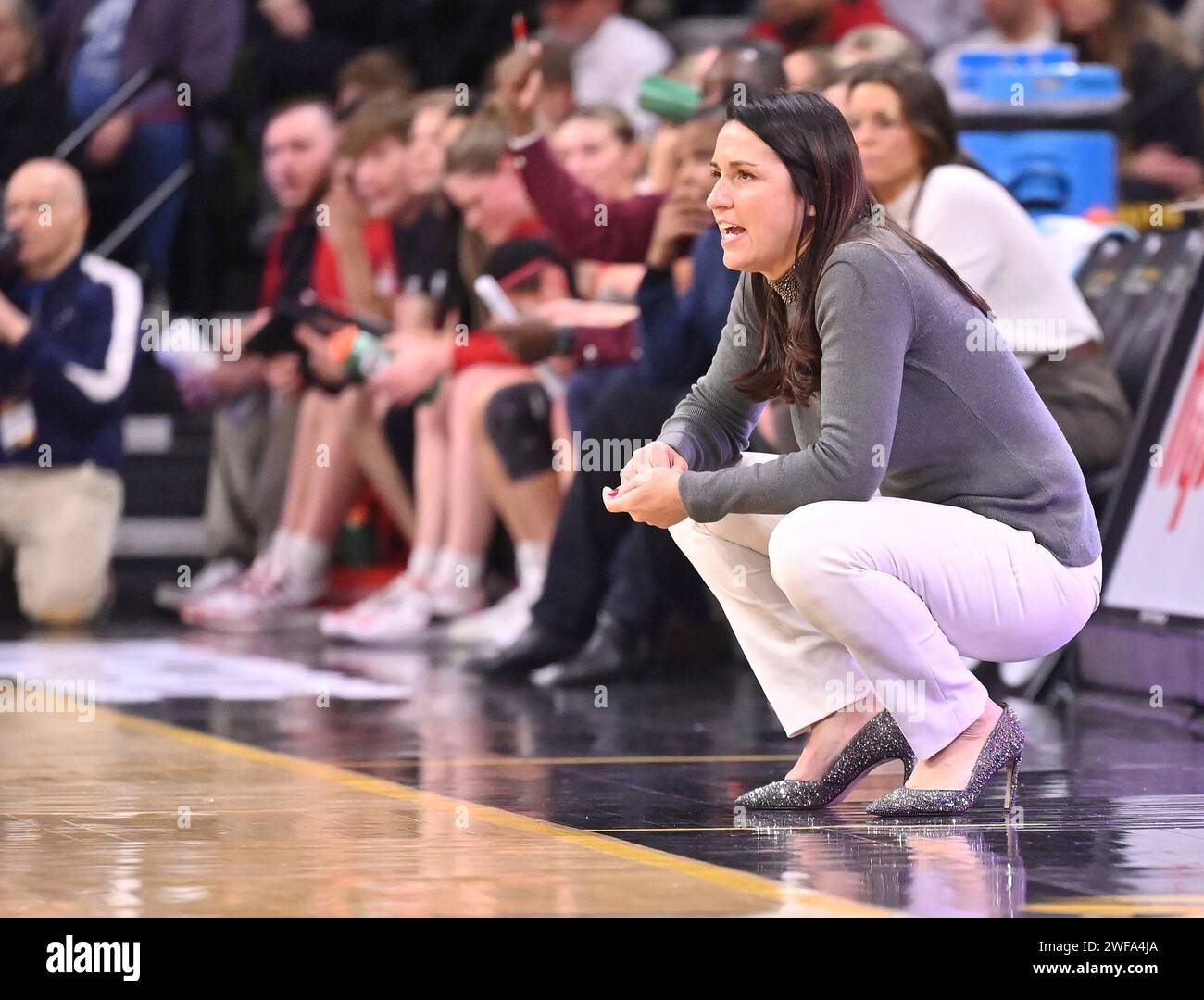 IOWA CITY, IA - JANUARY 27: Nebraska head coach Amy Williams watches her tam play during a women ...