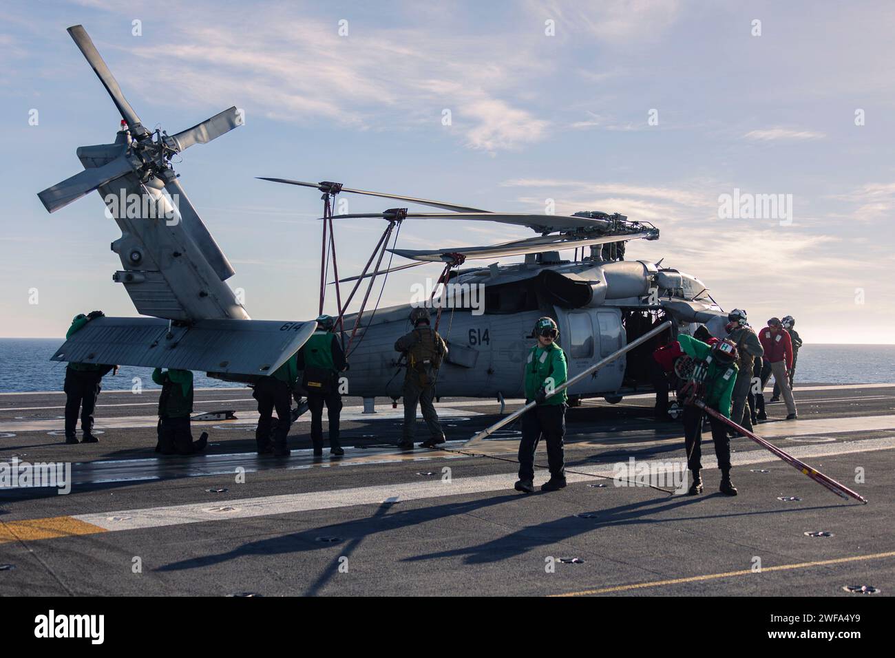 240126-N-LM220-2038 PACIFIC OCEAN (Jan. 26, 2024) Sailors prepare an MH ...
