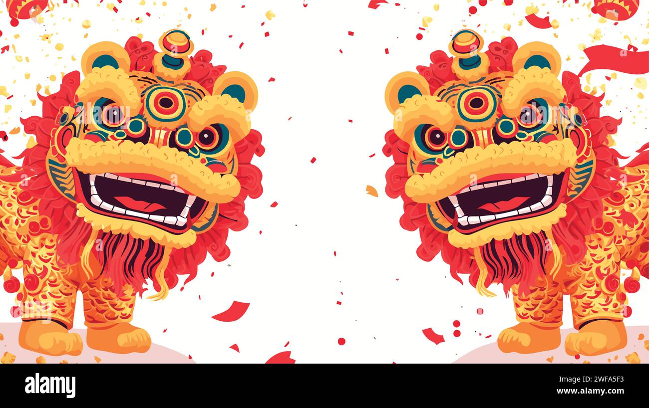 Chinese lions dancing celebration show white background Stock Vector ...