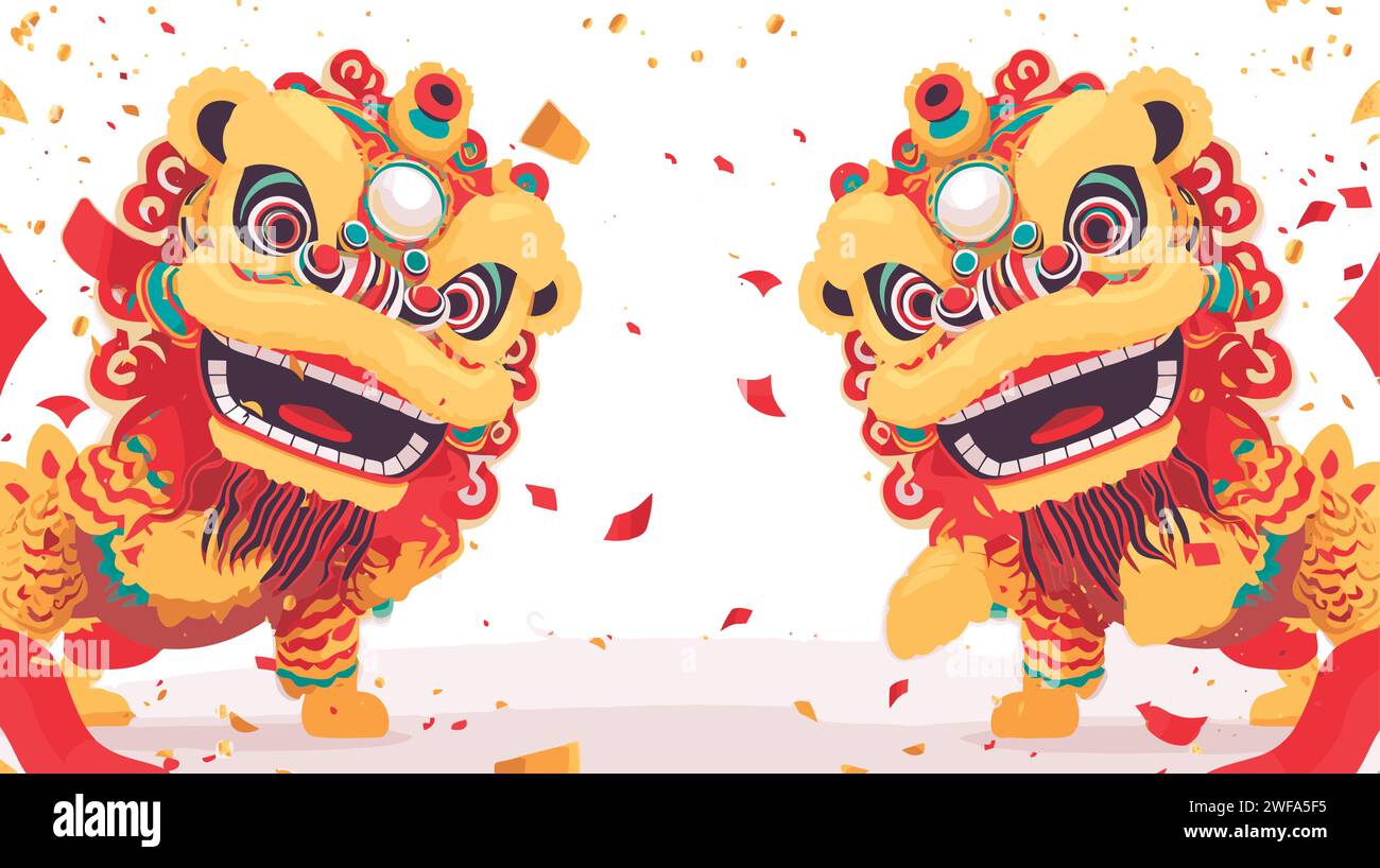 Chinese lions dancing celebration show white background Stock Vector ...