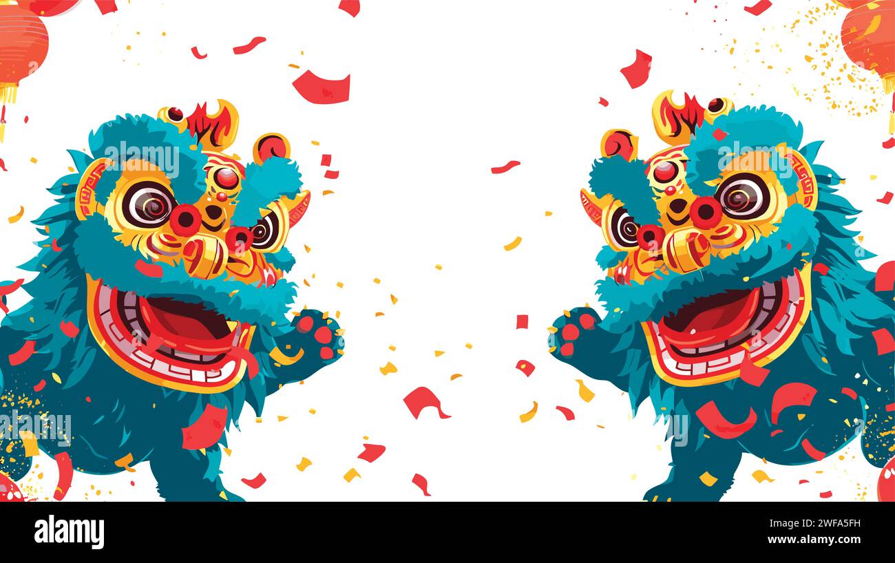 Chinese lions dancing celebration show white background Stock Vector ...