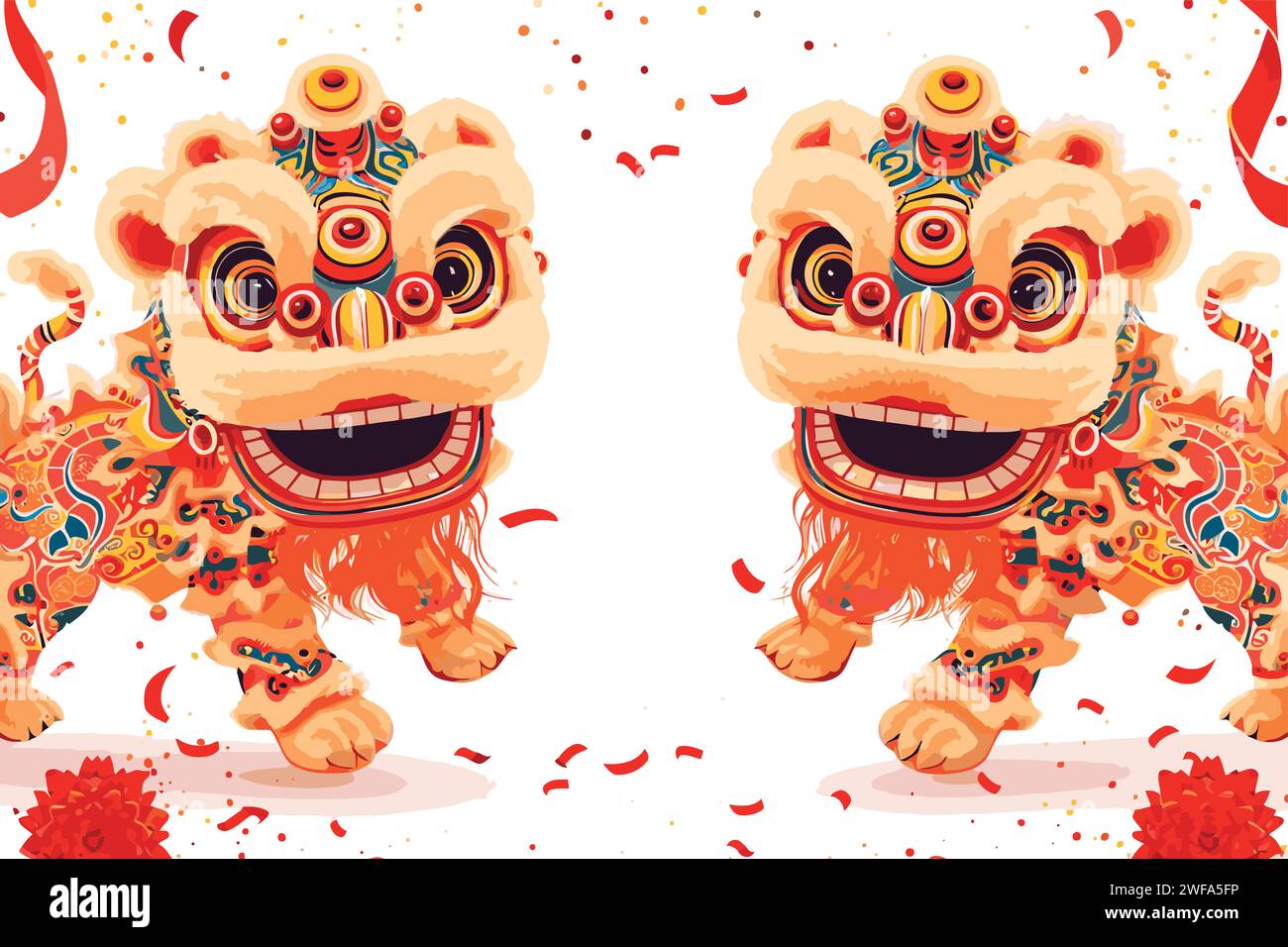 Chinese lions dancing celebration show white background Stock Vector ...