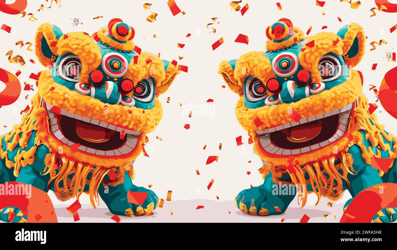 Chinese lions dancing celebration show white background Stock Vector ...