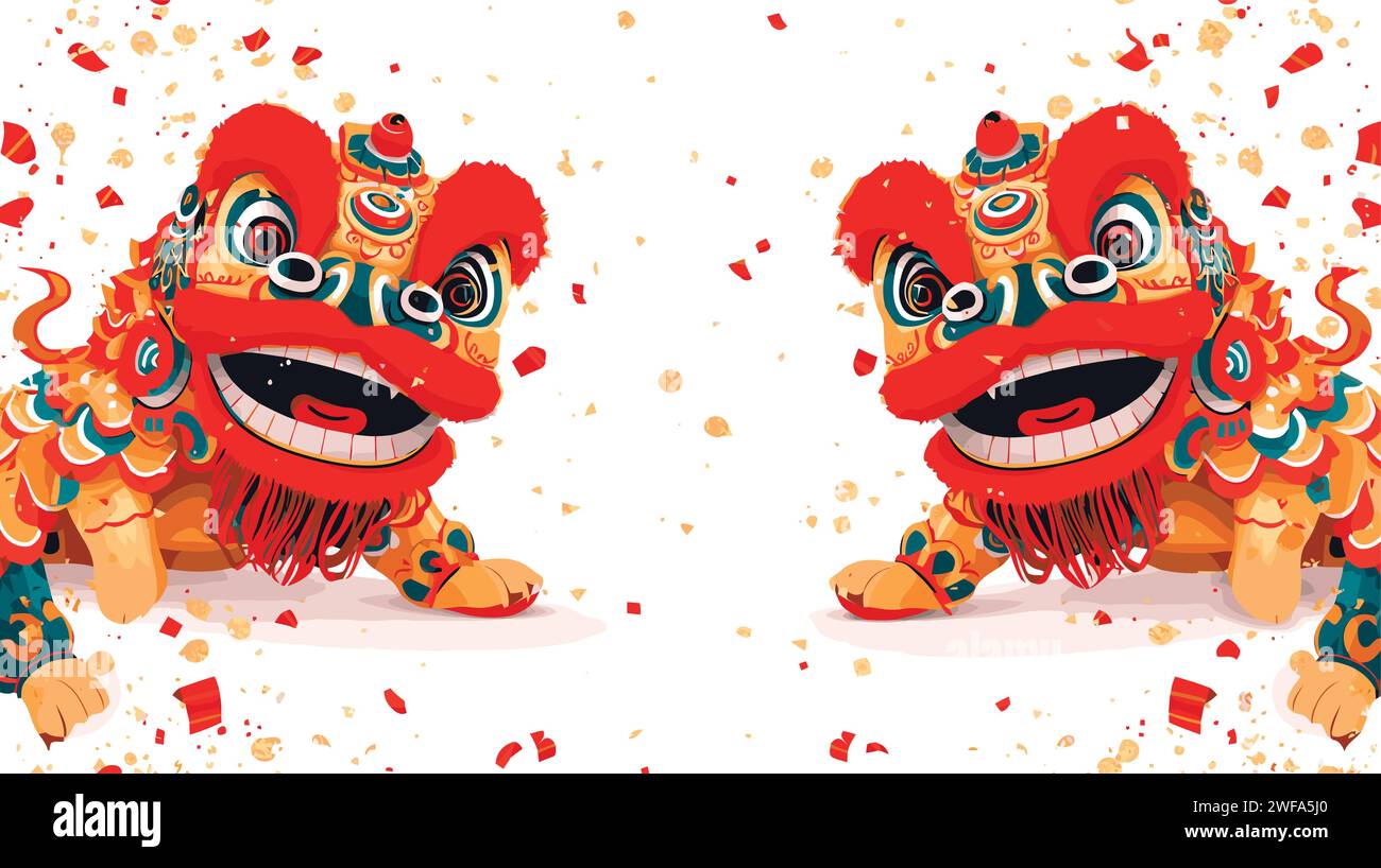 Chinese lions dancing celebration show white background Stock Vector ...