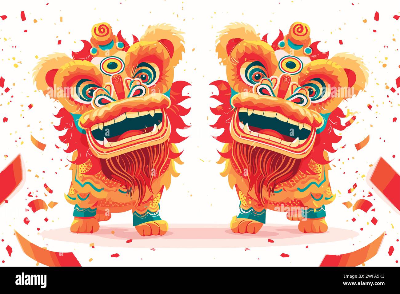 Chinese lions dancing celebration show white background Stock Vector ...