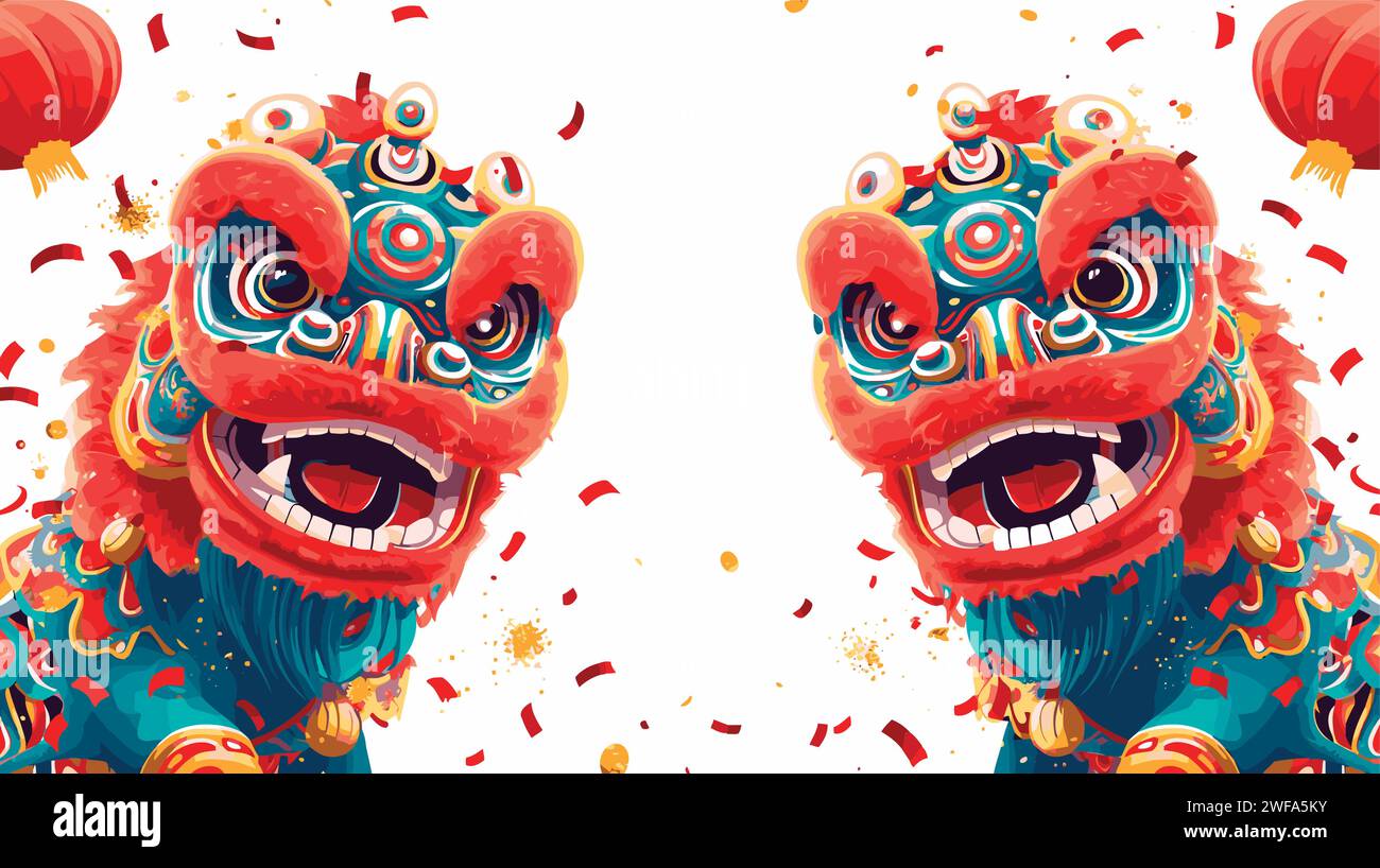 Chinese lions dancing celebration show white background Stock Vector ...