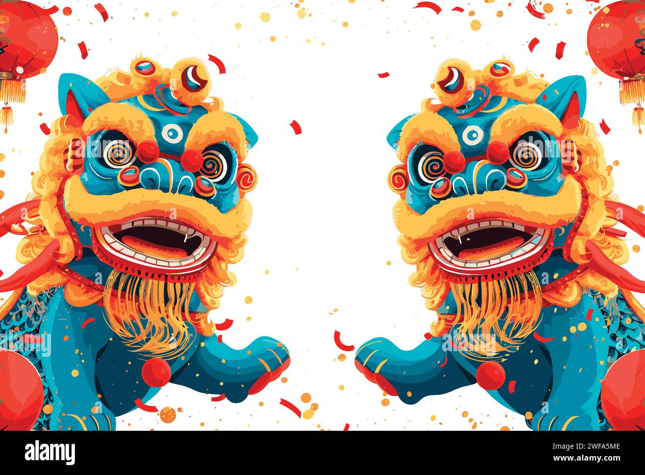 Chinese lions dancing celebration show white background Stock Vector ...