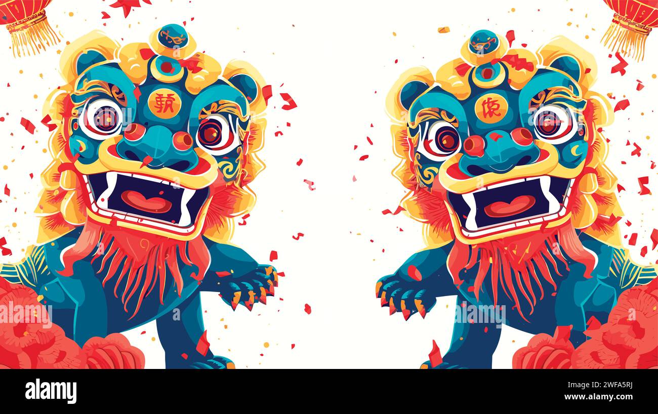 Chinese lions dancing celebration show white background Stock Vector ...