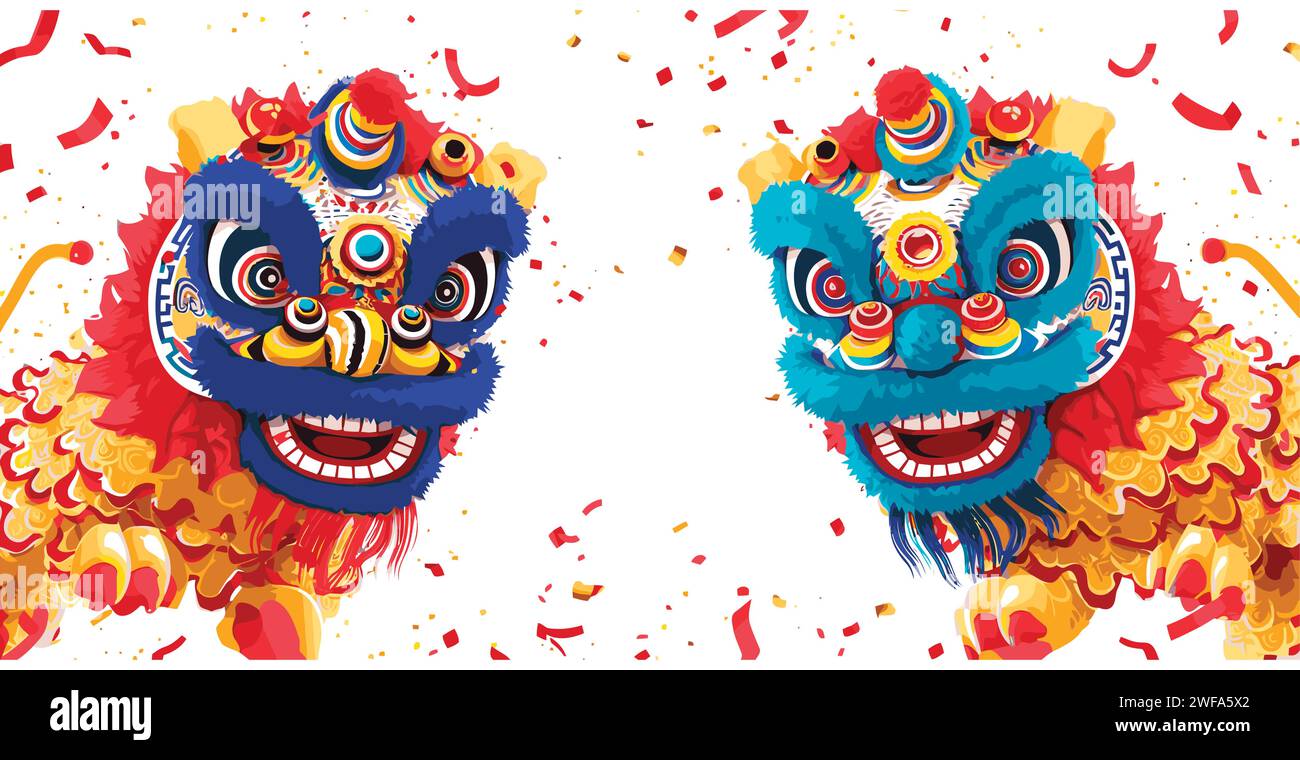 Chinese lions dancing celebration show white background Stock Vector ...