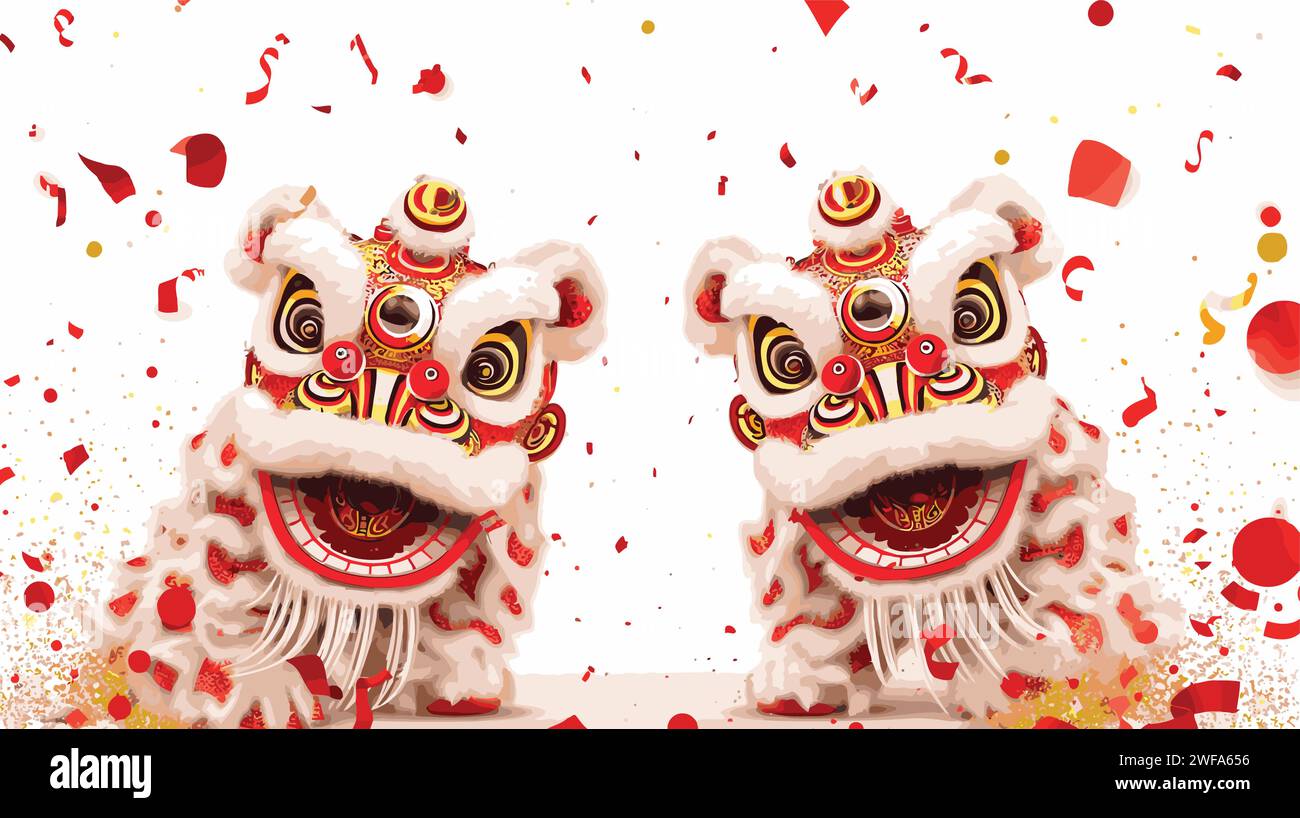 Chinese lions dancing celebration show white background Stock Vector ...